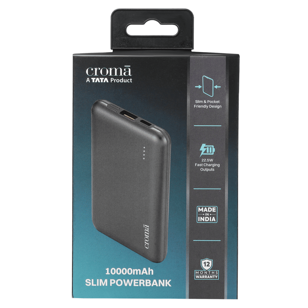 Buy Croma 10000 mAh 22.5W Fast Charging Power Bank (1 Type A & 1 Type C Ports, Black) Online – Croma
